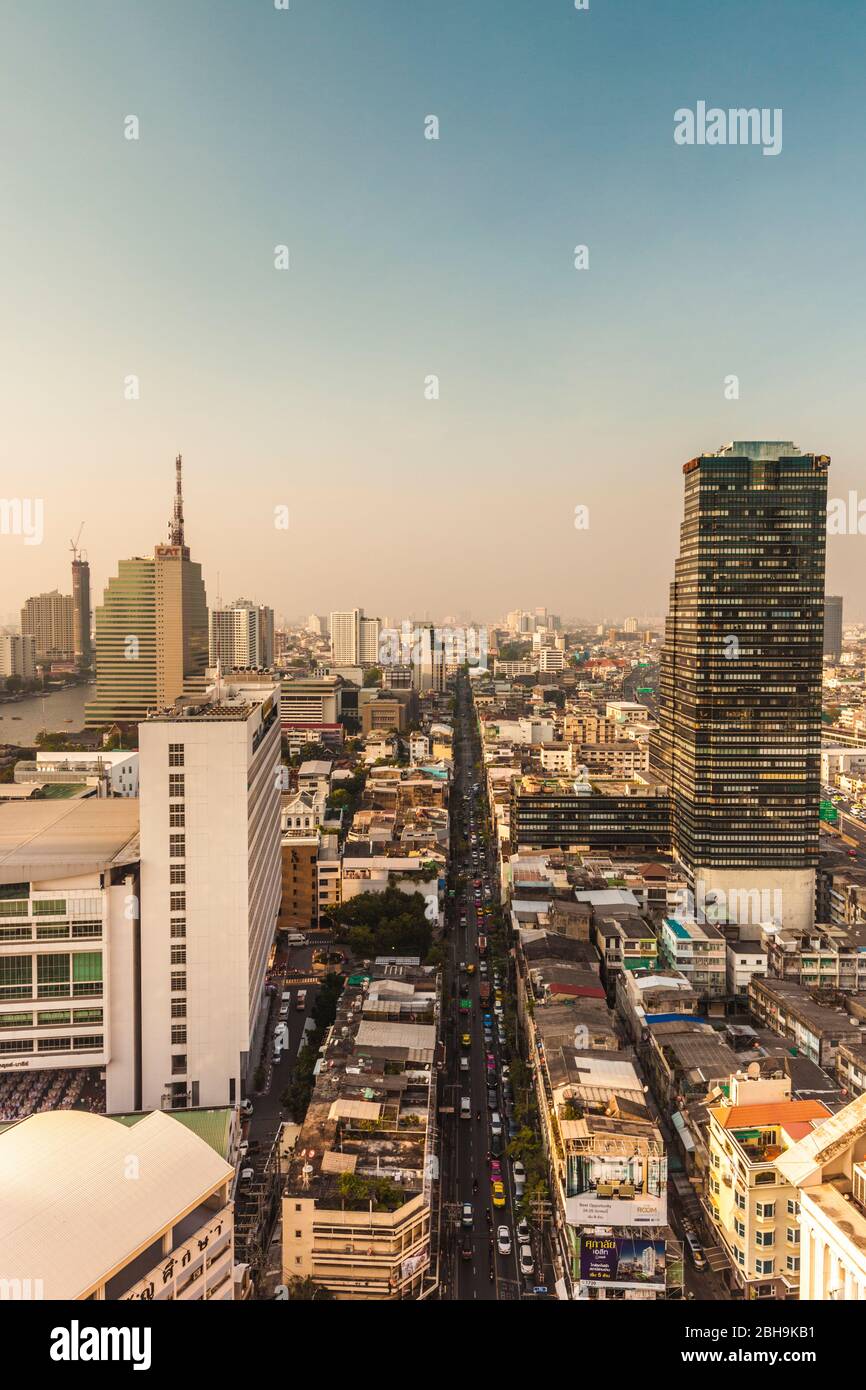 Thailand, Bangkok, Riverside Area, high angle city skyline, sunset ...