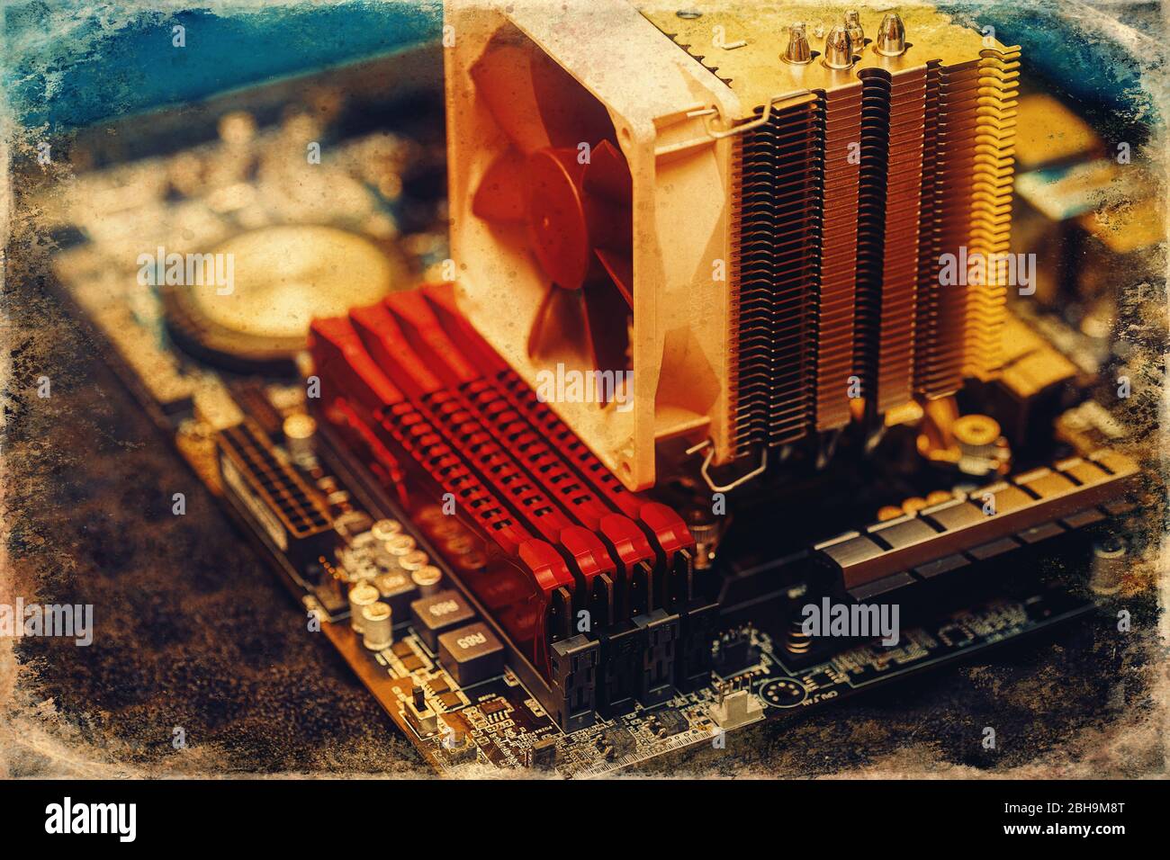 Repair of a computer, detail of disassembled computer, old photo effect ...