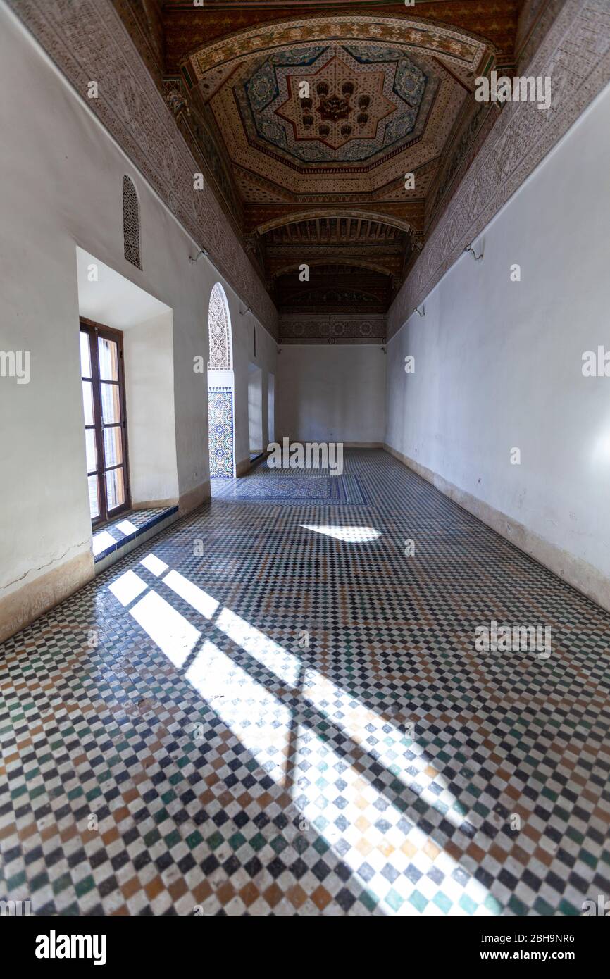 Sculpted and painted wooden ceiling, Bahia Palace, Marrakesh, Morocco ...