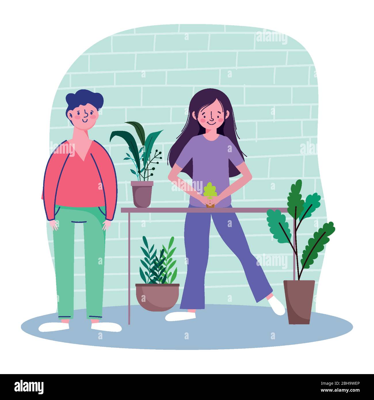 couple with potted plants gardening, quarantine stay at home vector ...