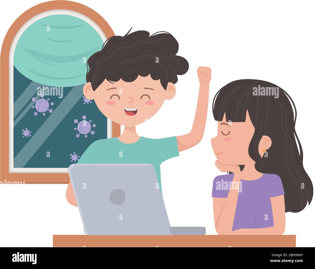 stay at home, boy and girl with laptop computer in the room vector ...