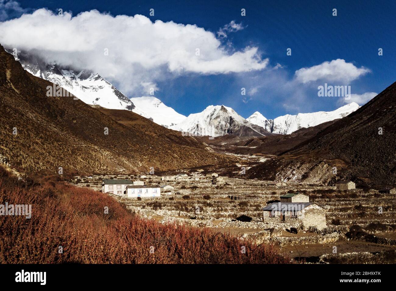 Dingboche with mountains in the background, landscape with village ...