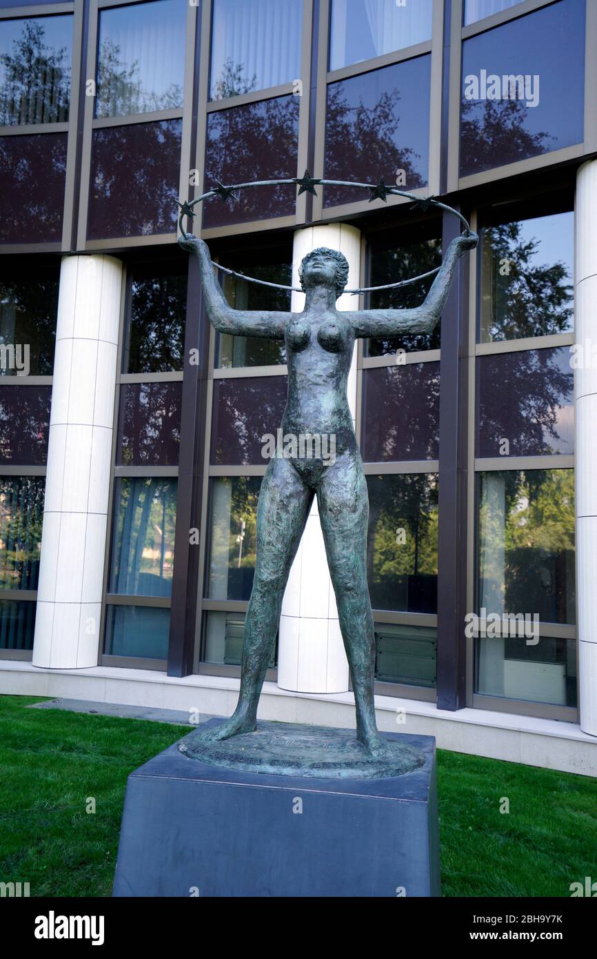 France, Alsace, Strasbourg, European Parliament, Europe statue holds a ...