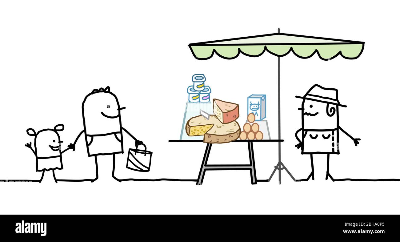 hand drawn Cartoon producer selling organic dairy products on a market ...