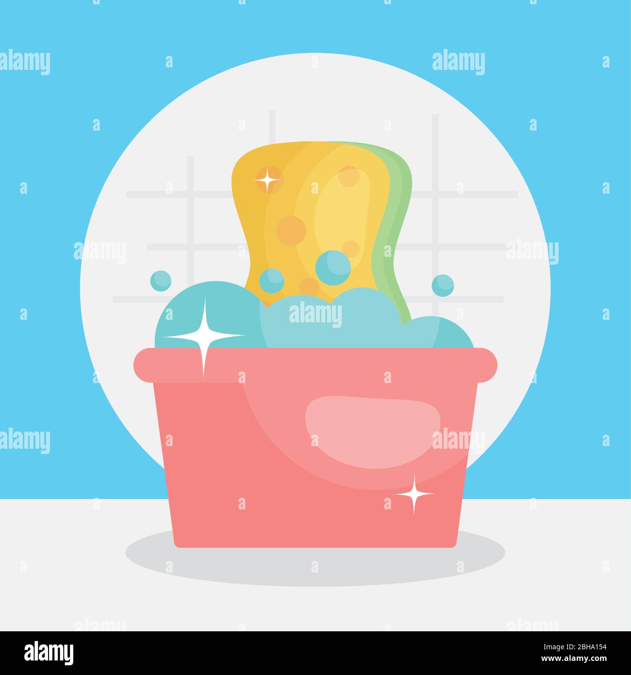 bucket with soapy water and sponge over blue and white background ...