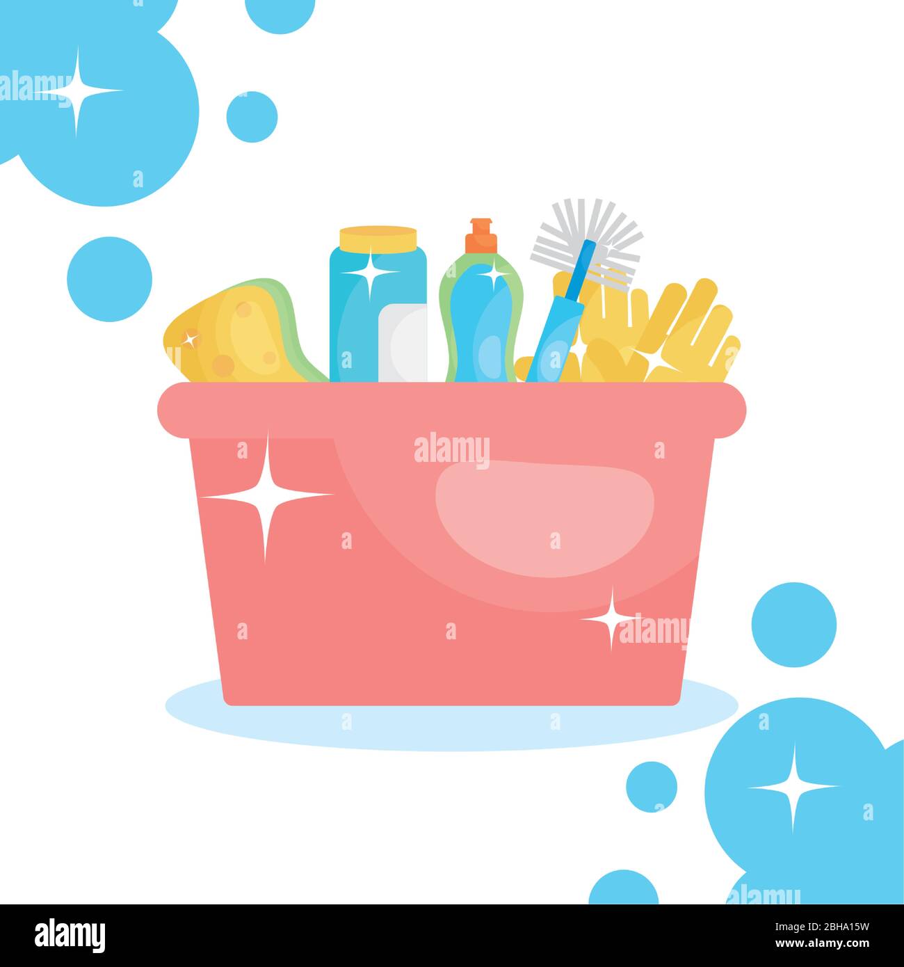 bucket with cleaning products and tools over white background, colorful ...