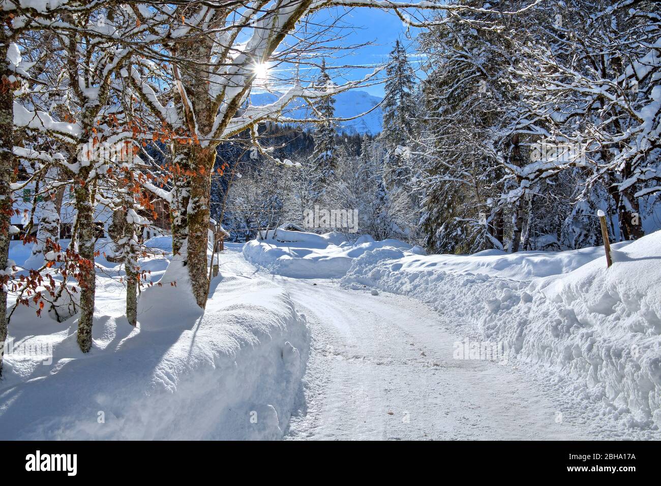 Winter road in Elmau at Klais, Werdenfelser Land, Upper Bavaria ...