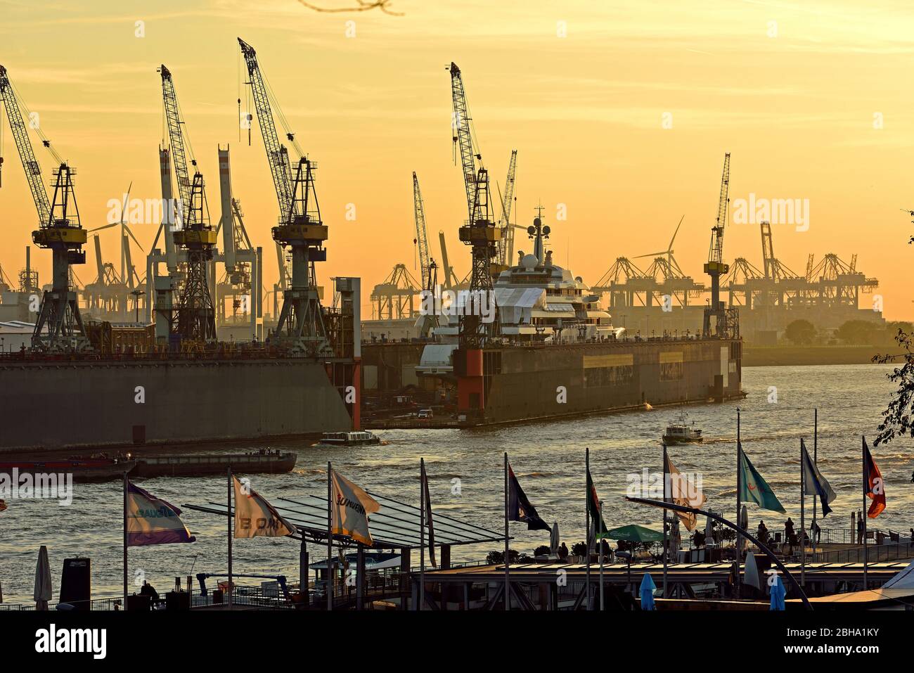 Europe, Germany, Hamburg, harbor, yacht in the dock, sunset, cranes ...