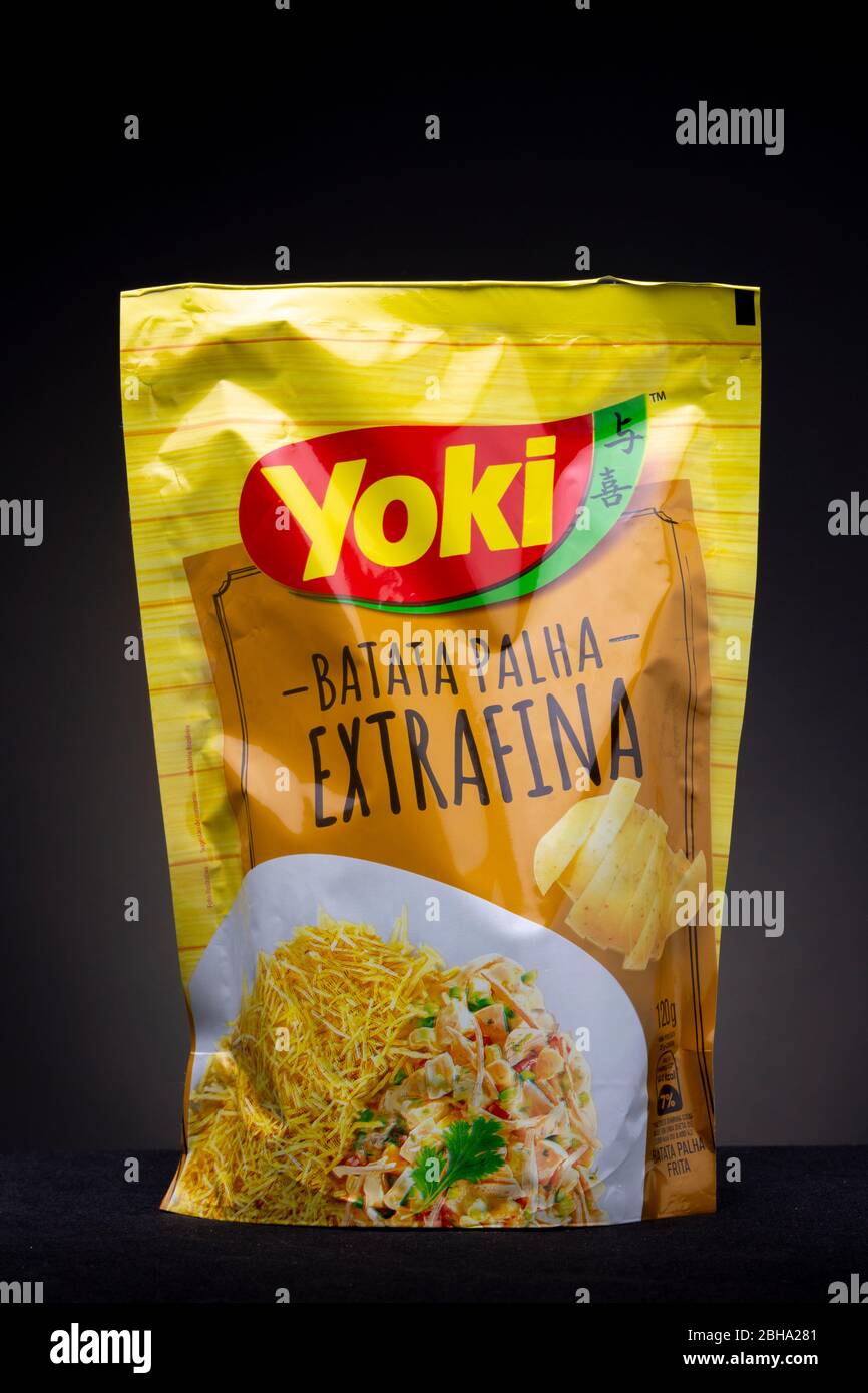 Shiny package of extra thin potato sticks of the Brazilian brand Yoki ...