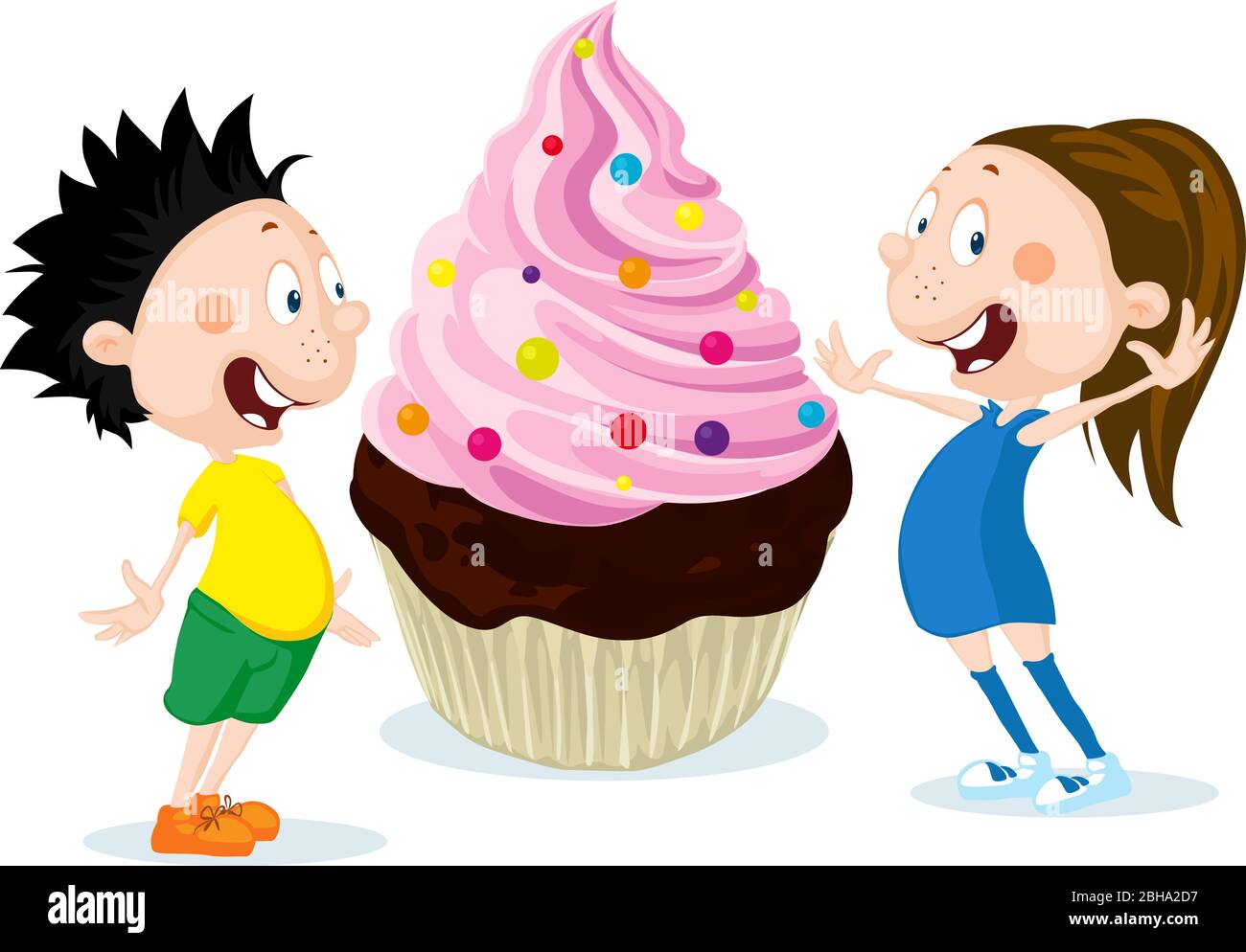 Fat children with big cake cartoon illustration isolated on white ...
