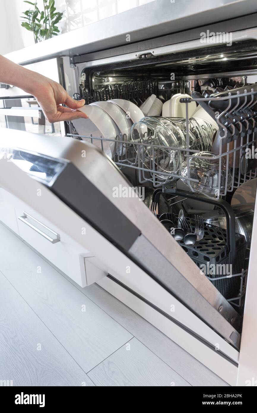 Open dishwasher with clean dishes in a white kitchen, soft focus on ...