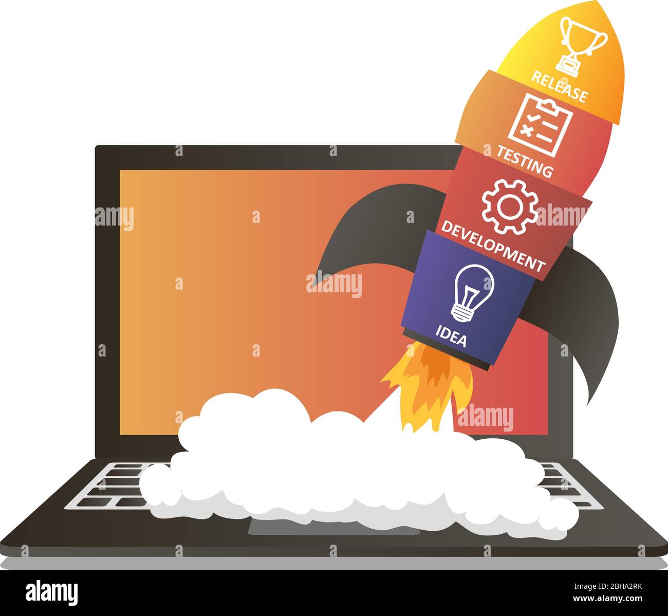 Vector colorful rocket and a laptop with Idea, development, testing and ...