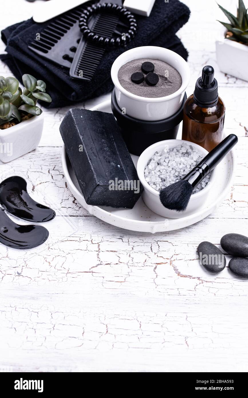 Set of black charcoal detox cosmetics Stock Photo - Alamy