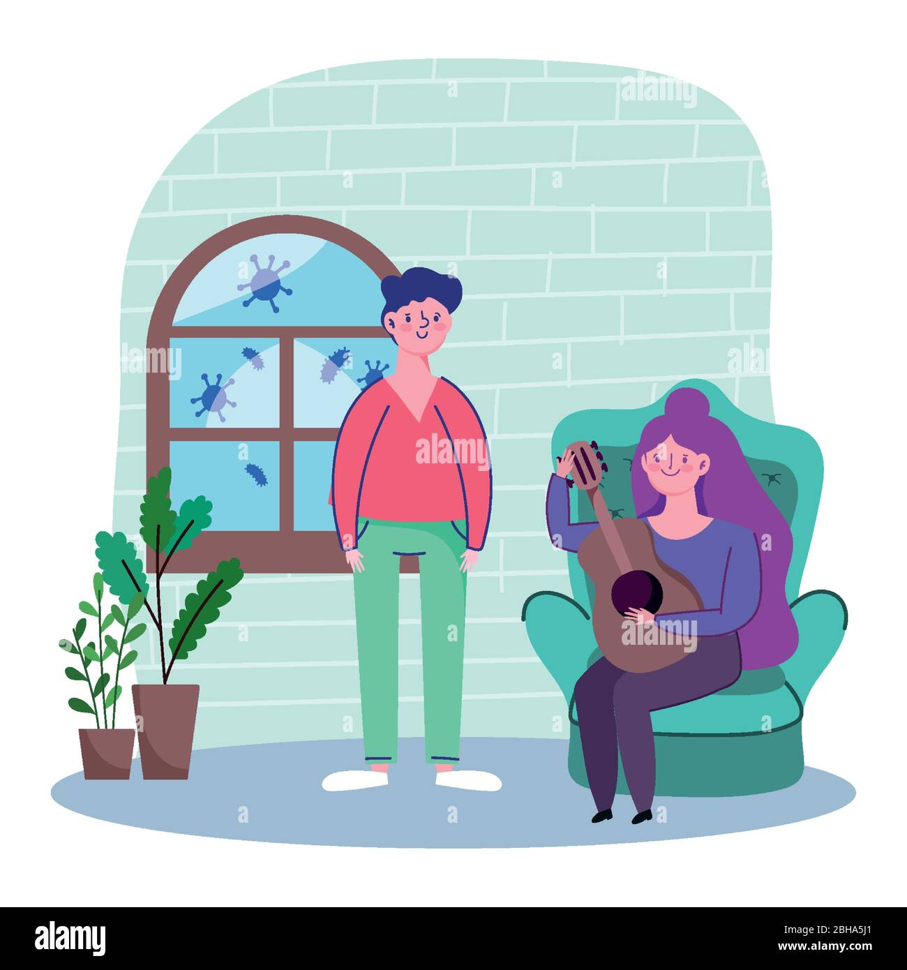 couple with guitar in living room, quarantine stay at home vector ...