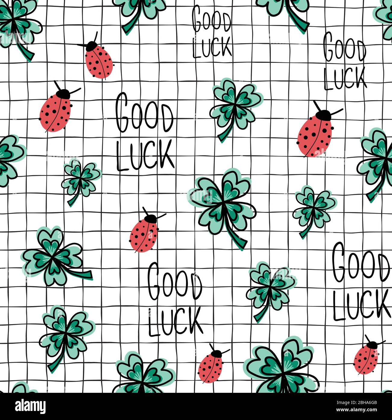 Ladybug, clover, Good Luck seamless vector background. Repeating hand ...