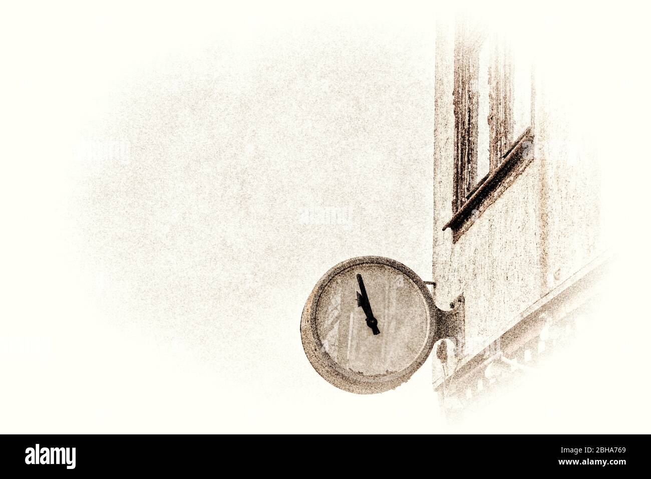 Defective clock, faded dial, building, digitally edited, high key ...