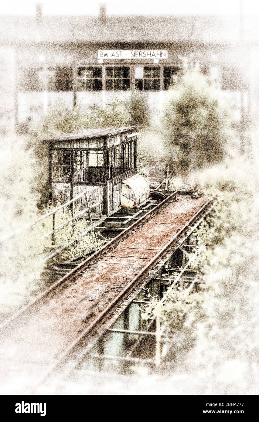Overgrown turntable, engine shed, track, bushes, digitally edited ...
