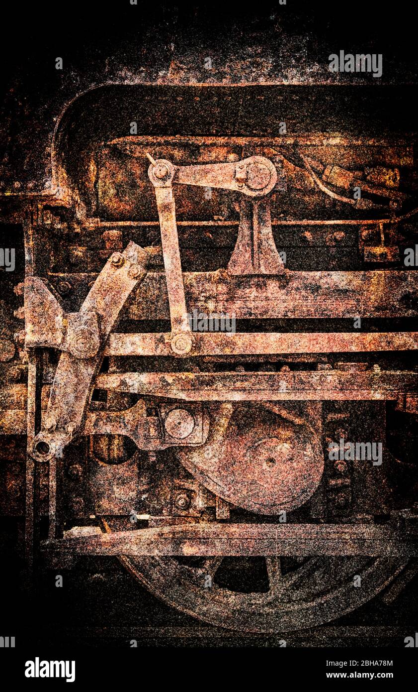 Wheel, rods, rust, locomotive, digitally processed, high key, railart ...