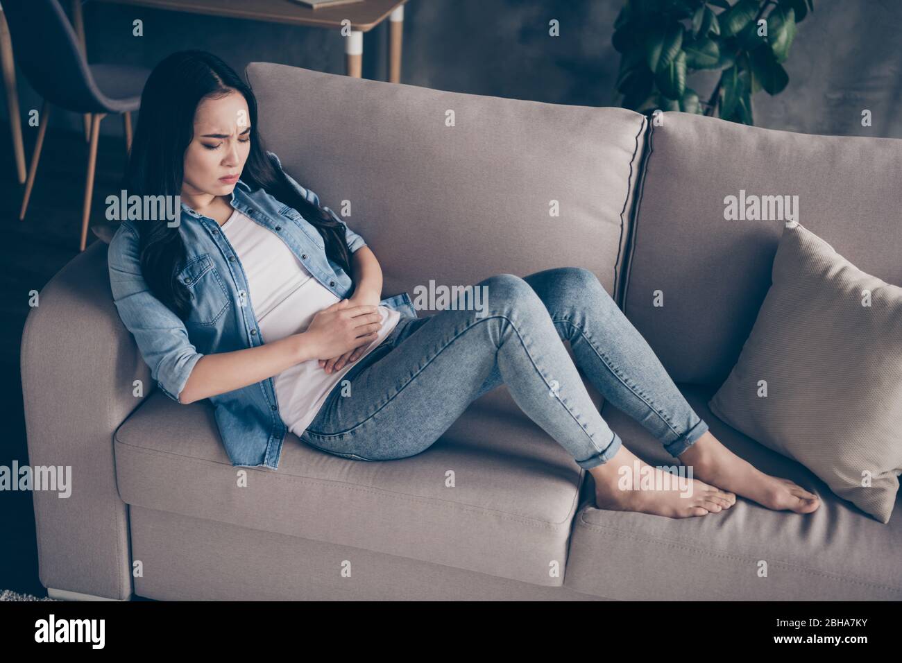 Top above high angle view photo of frustrated sick ill girl suffer from ...