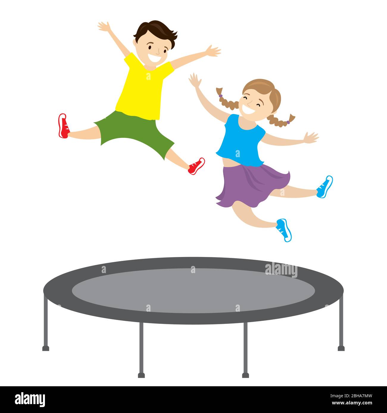 happy caucasian children jumping on a trampoline,enjoying schoolgirl ...