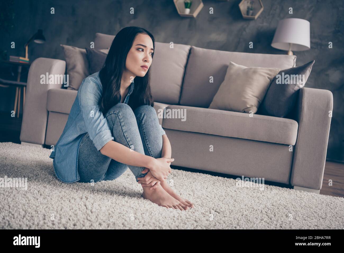 Full body profile side photo of disappointed girl sit carpet look have ...