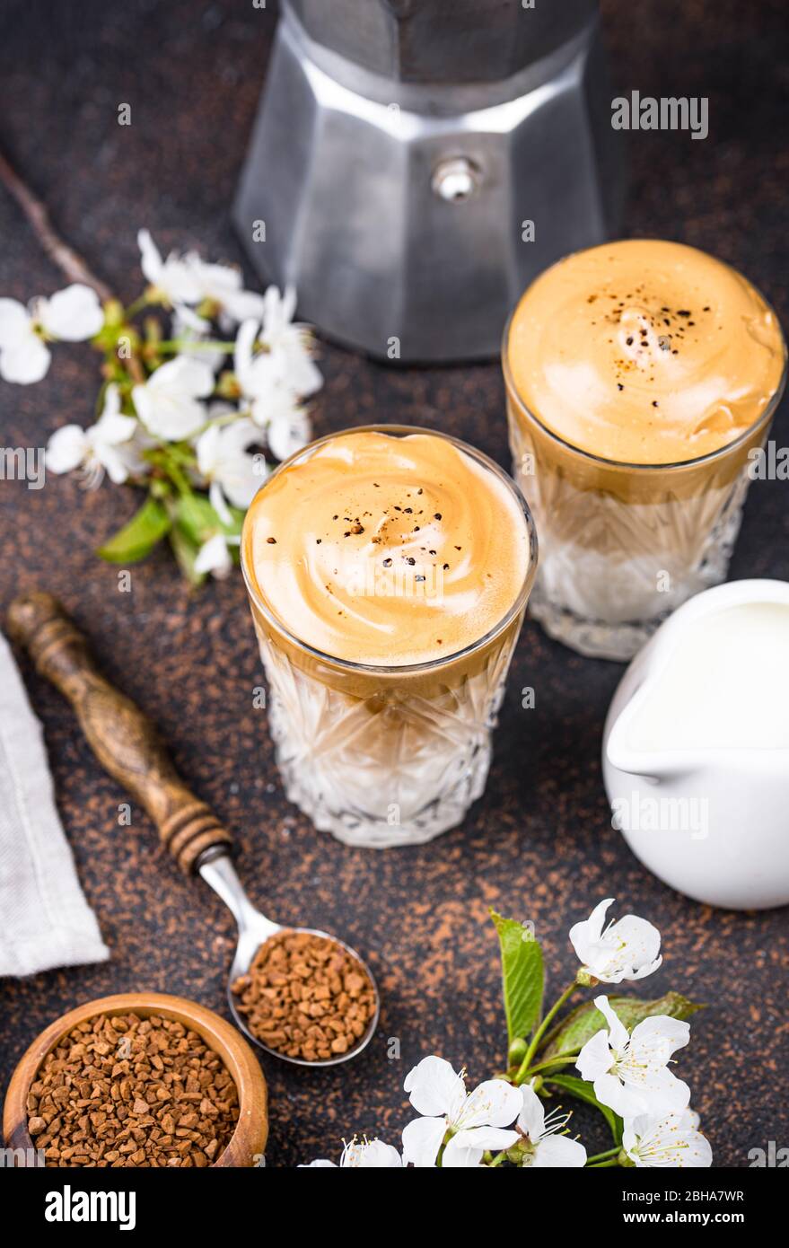 Dalgona whipped coffee with milk Stock Photo - Alamy