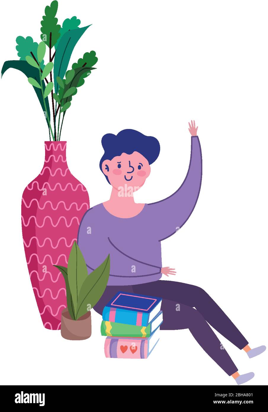 stay at home, young man sitting in floor books and plant cartoon ...