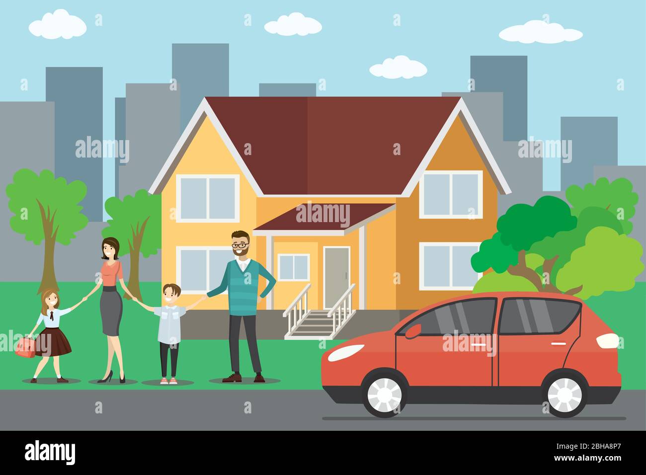 Cartoon caucasian happy family, big house and red car,flat vector ...