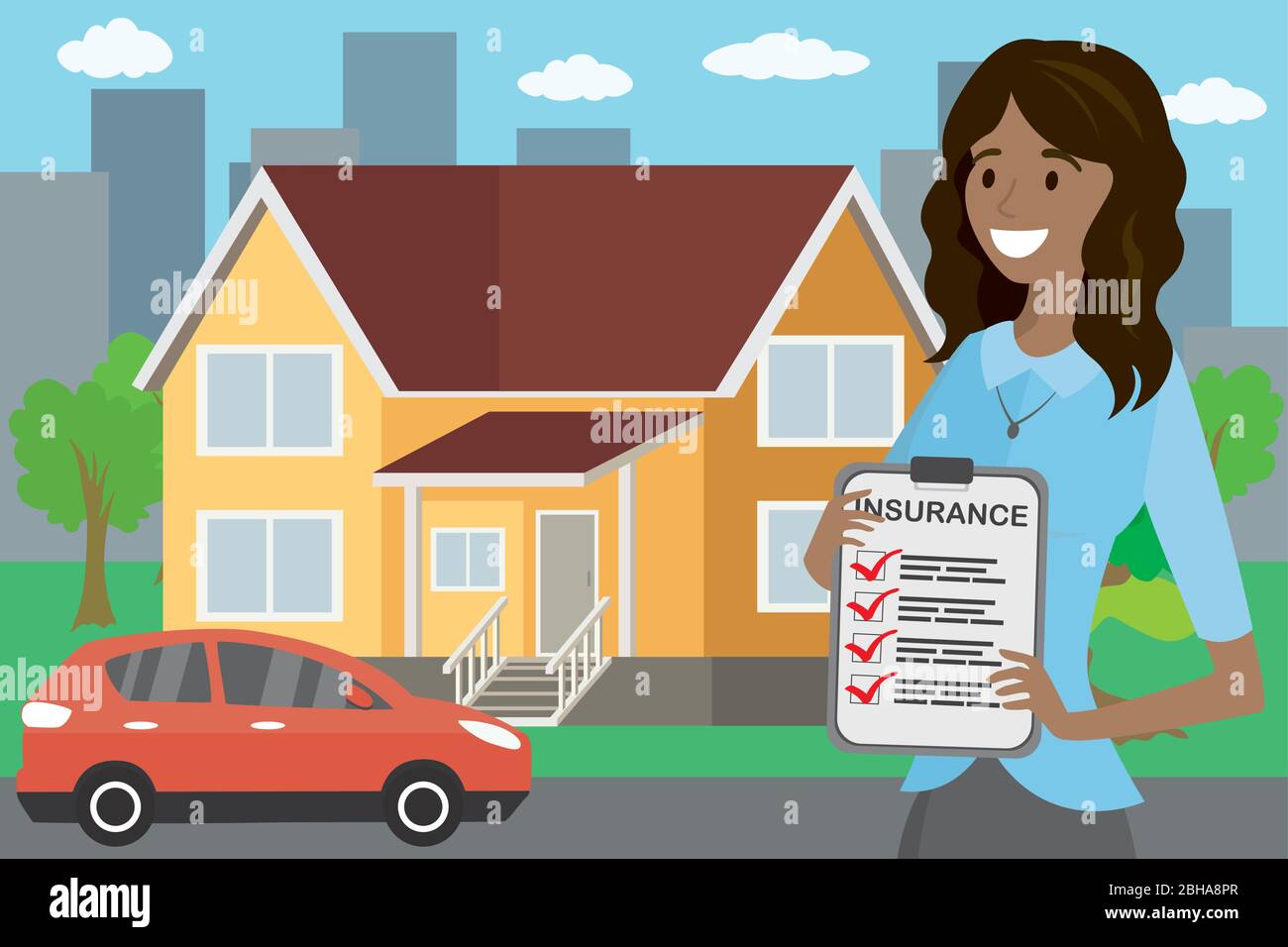 African american woman with insurance document, red modern car and ...