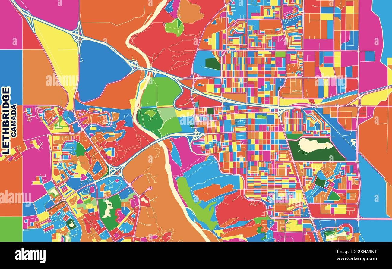 Colorful vector map of Lethbridge, Alberta, Canada. Art Map template ...