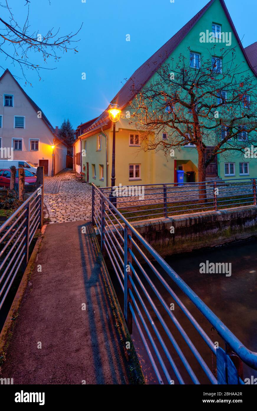 Houses around the Eger, tributary, blue hour, winter, Nördlingen, Donau ...