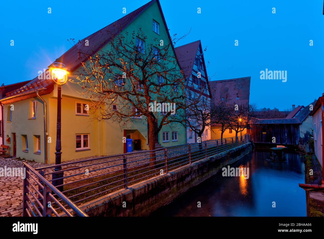 Houses around the Eger, tributary, blue hour, winter, Nördlingen, Donau ...
