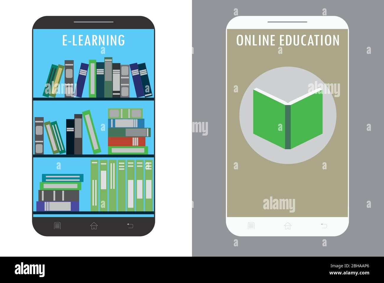two mobile phones with book application on screen, library on the ...