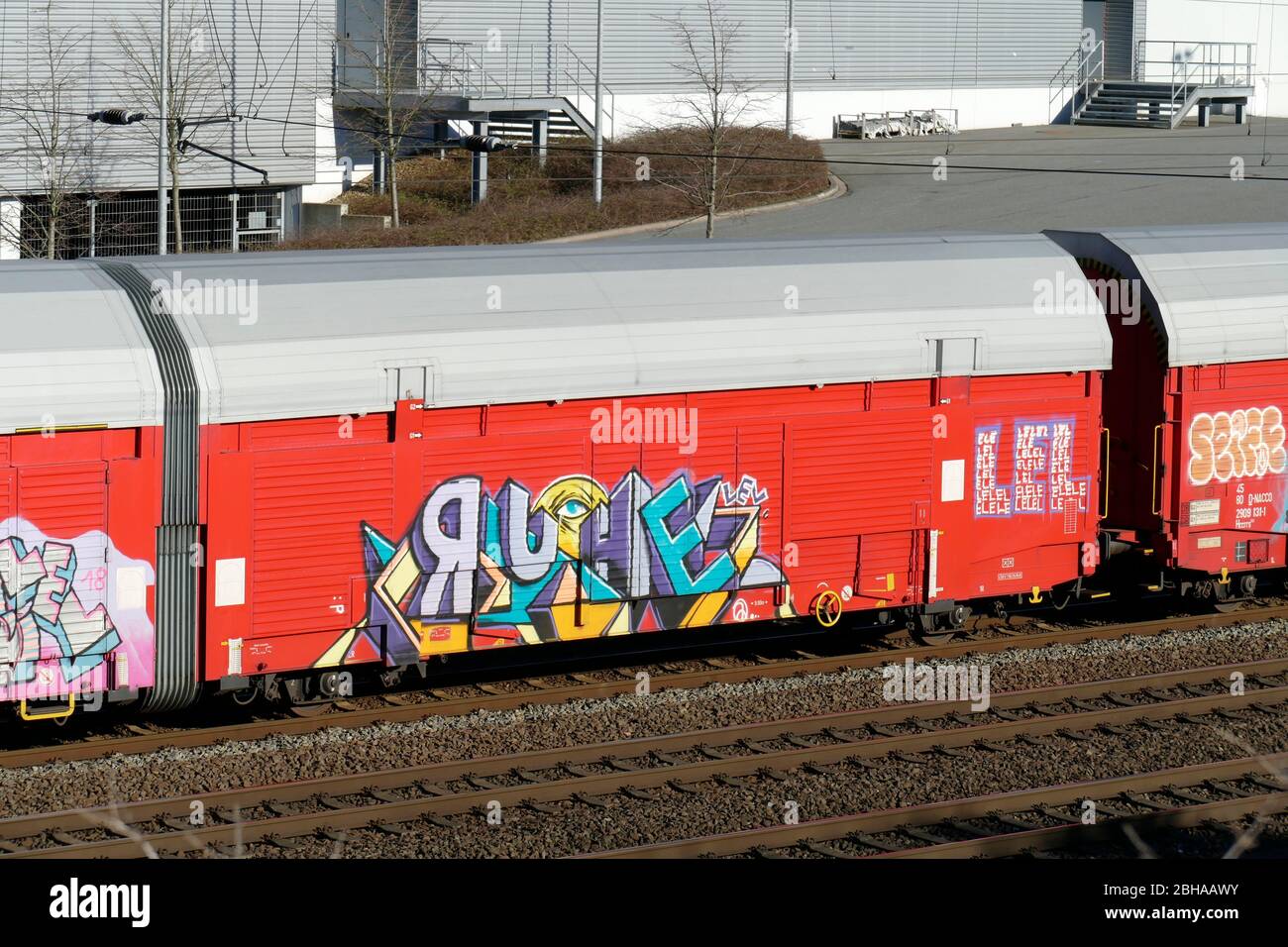 Red freight car standing on a rail, Bremen, Germany, Europe Stock Photo ...