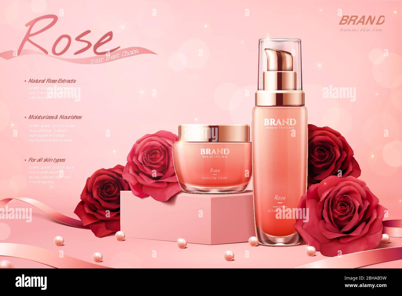 Elegant rose cosmetic ads with ribbons and pearls on glitter pink ...
