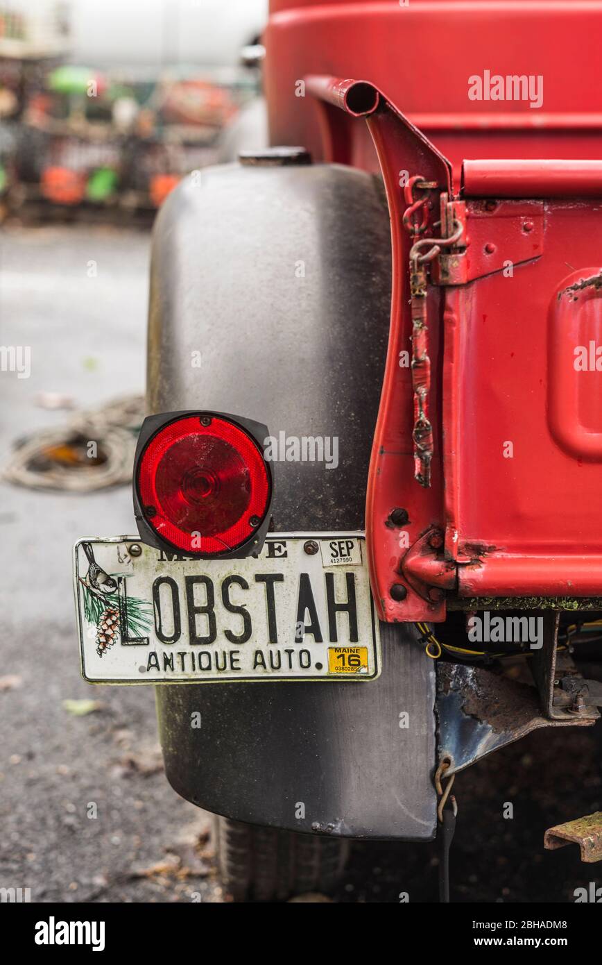 USA, Maine, Mt. Desert Island, Bernard, antique truck with lobster ...