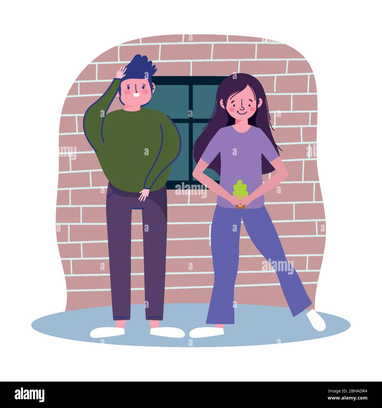 young couple with potted plant in room, quarantine stay at home vector ...