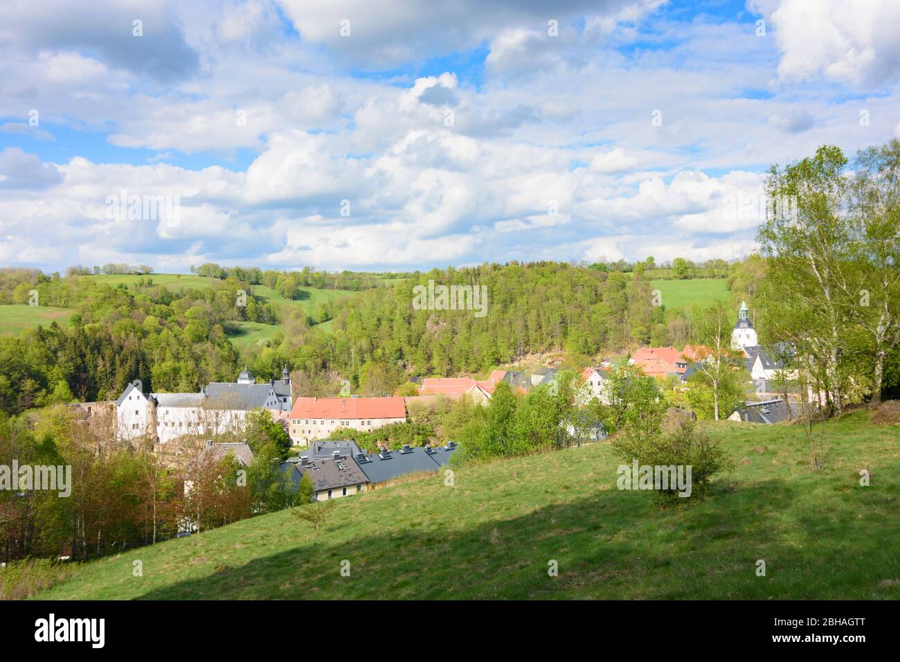 View to district lauenstein and lauenstein castle in erzgebirge hi-res ...