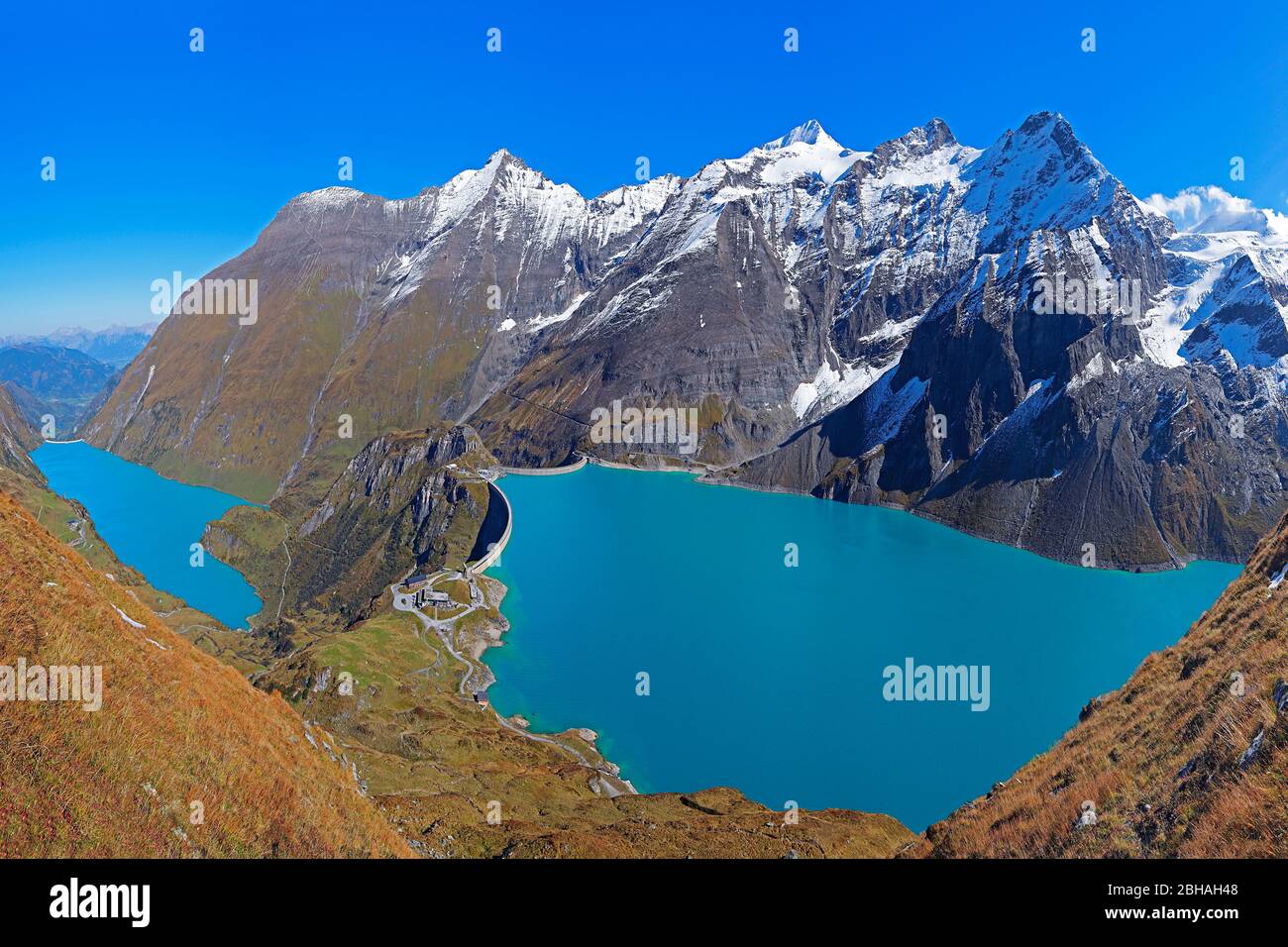 Mooserboden Reservoir with Mooser Dam and Drossen Dam, waterfall floor ...