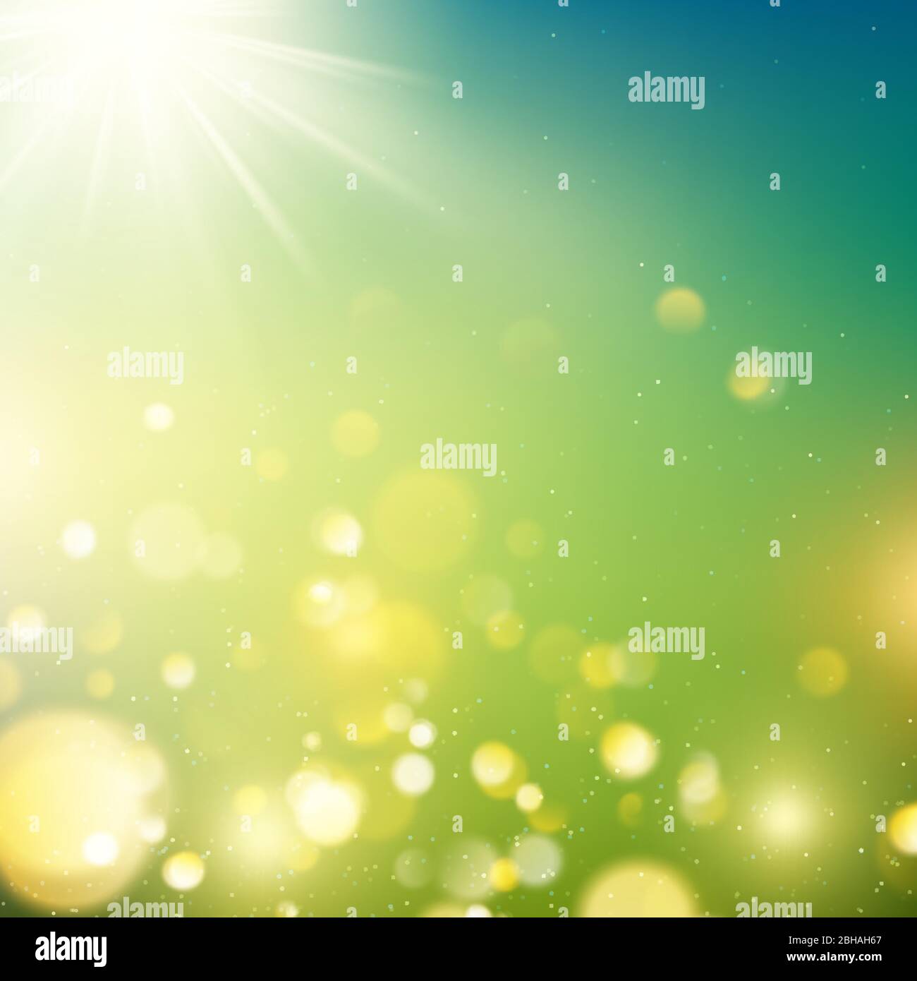 Realistic outdoors bokeh in green and yellow tones with sun rays. EPS ...