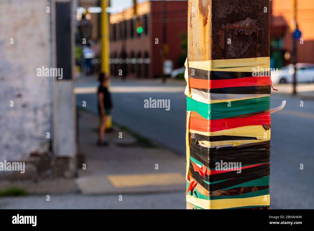 Colorful ribbon wrapped around a pole in Pittsburgh, Pennsylvania Stock ...