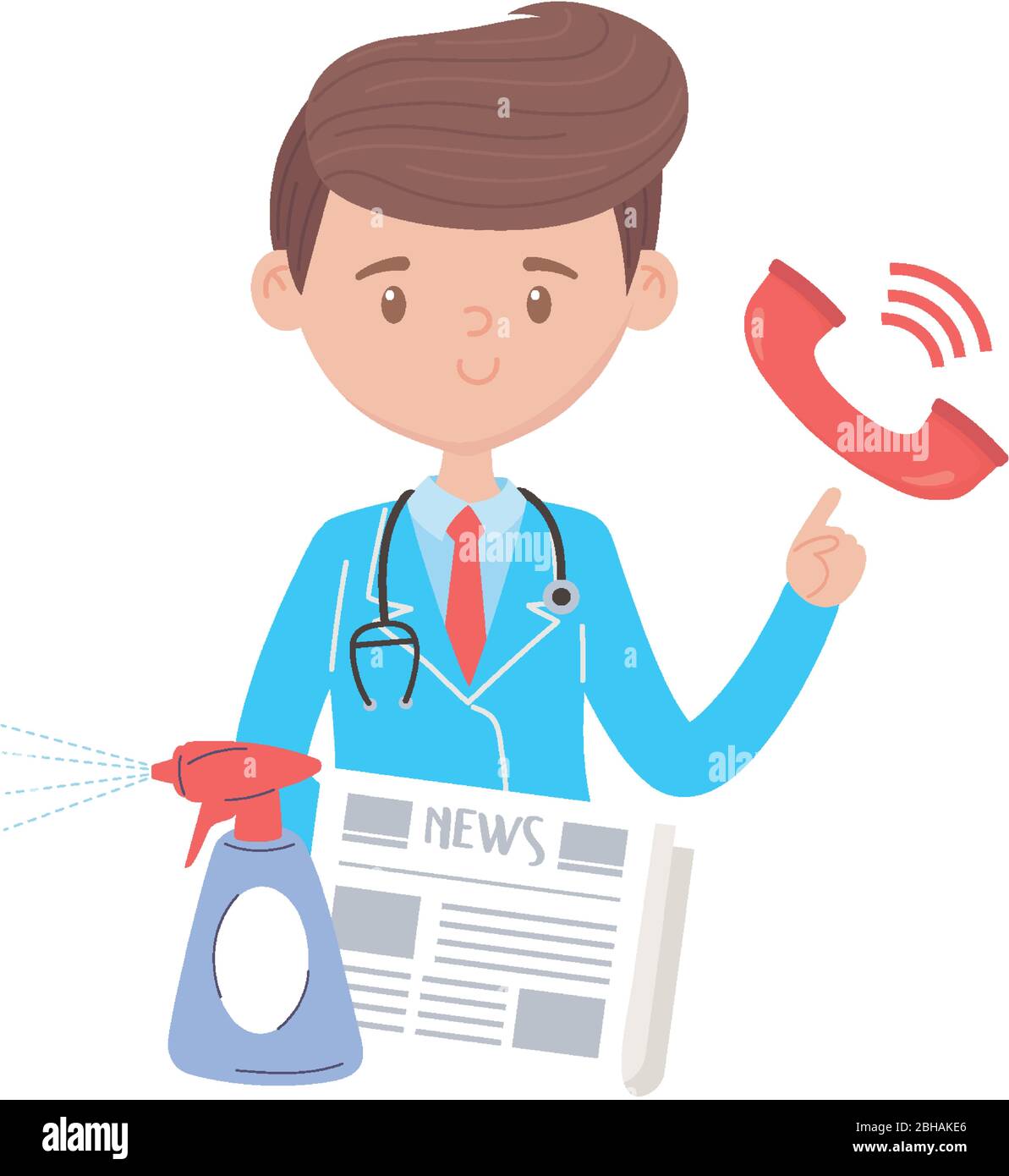 covid 19 quarantine, doctor with newspaper and hands spray sanitizer ...
