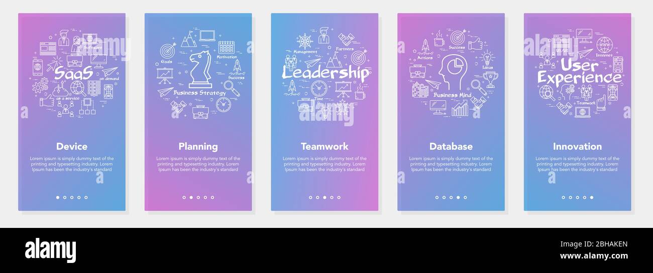 Vector five vertical banners - device, planning, teamwork, database ...
