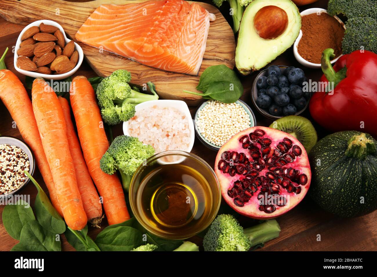 Healthy food clean eating selection: fish, fruit, vegetable, cereal ...