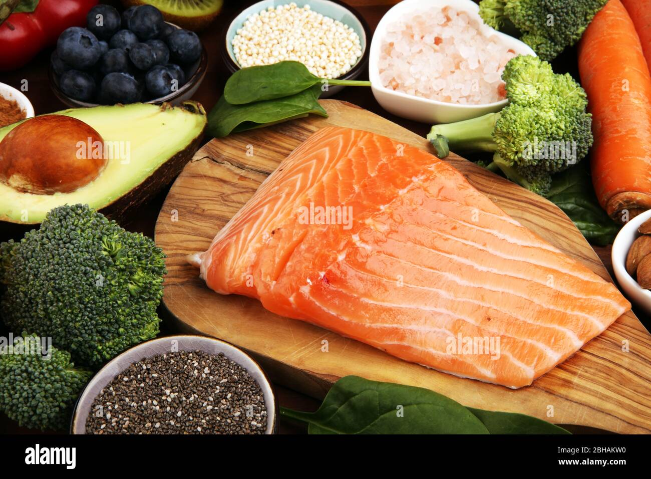 Healthy food clean eating selection: fish, fruit, vegetable, cereal ...