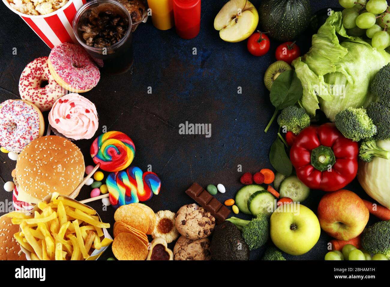 healthy or unhealthy food. Concept photo of healthy and unhealthy food ...
