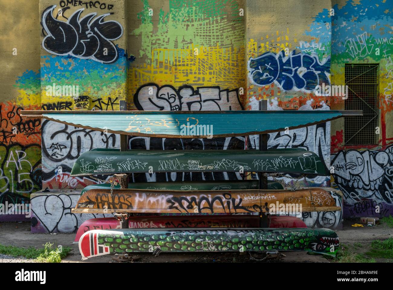 A graffiti-covered canoe rack in Pittsburgh, Pennsylvania Stock Photo ...
