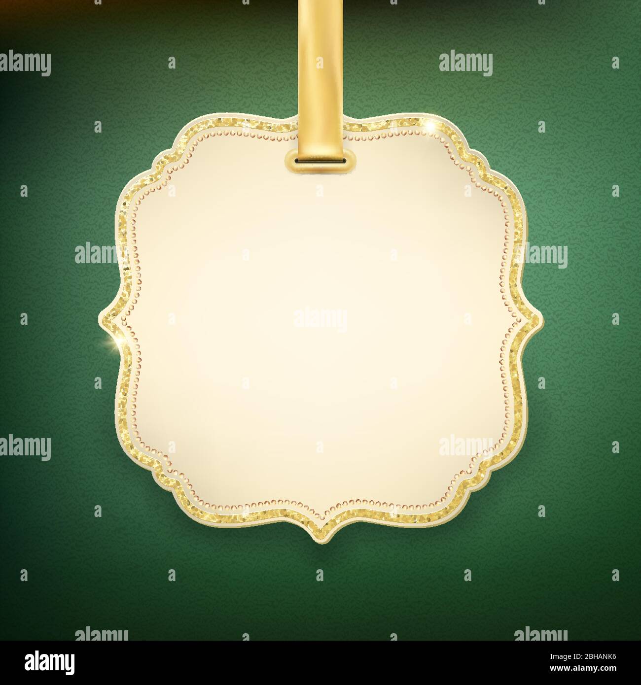 Elegant beige label with golden ribbon on green background. EPS 10 ...