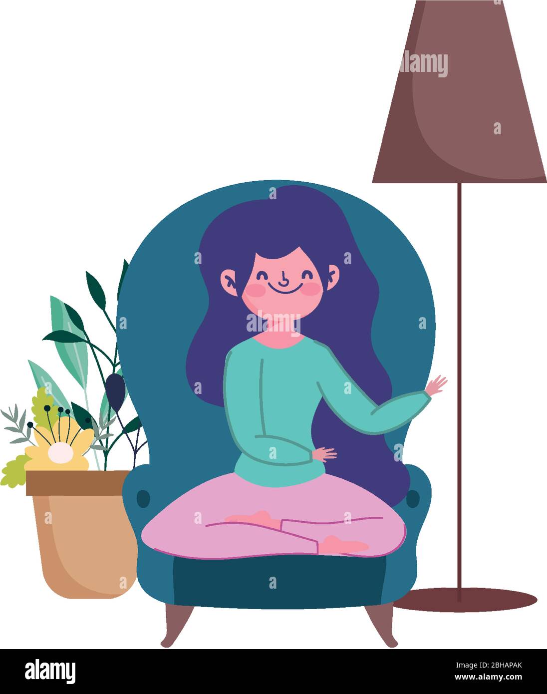 stay at home, girl sitting on chair with lmap and plant cartoon vector ...