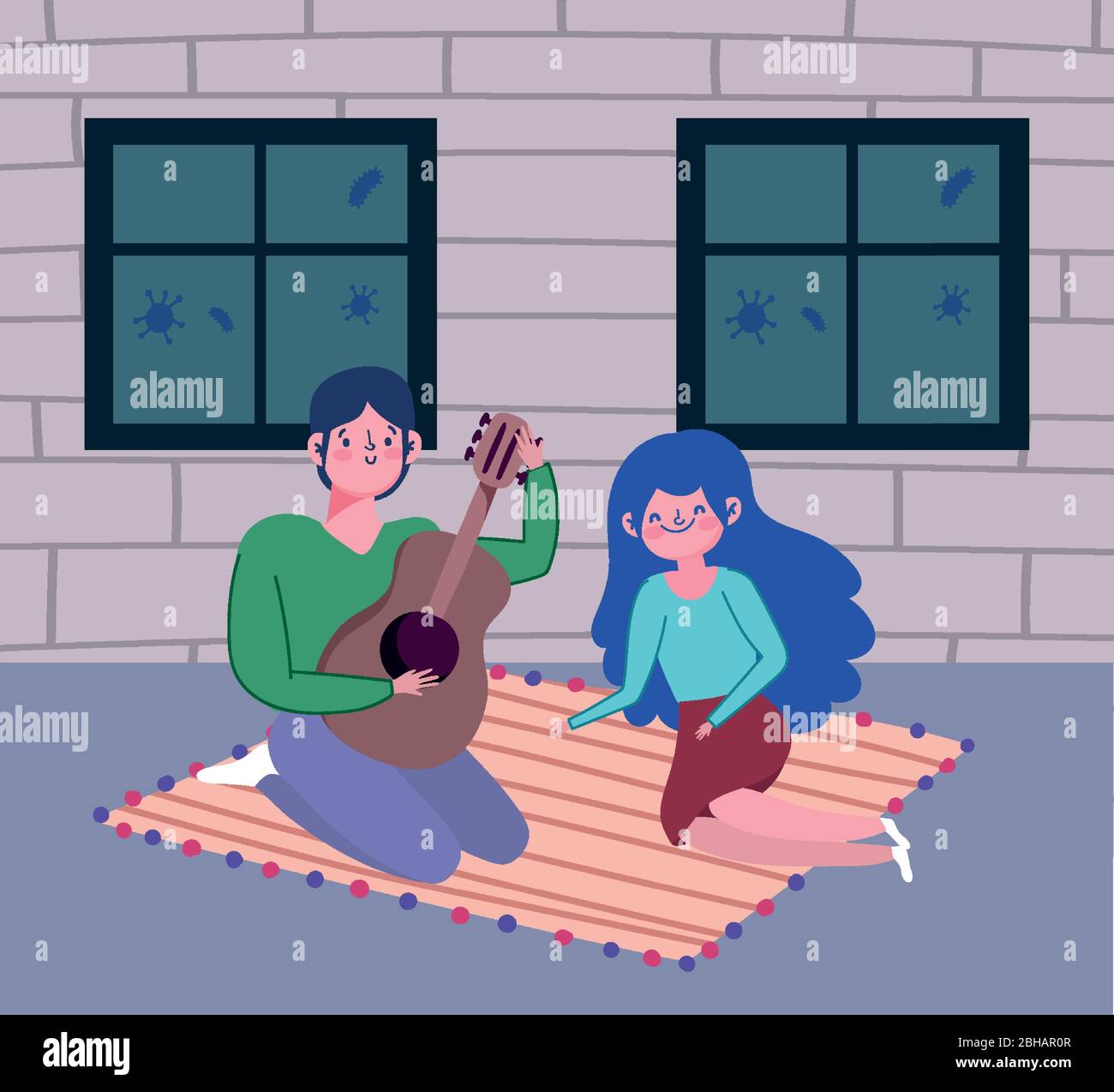 couple with guitar in carpet, quarantine stay at home vector ...